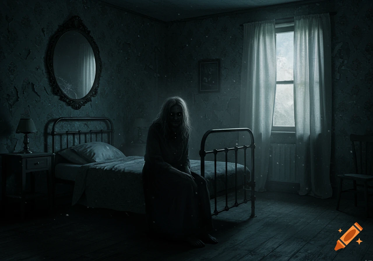 A creepy old woman with glowing eyes sits on a bed in a dark ...