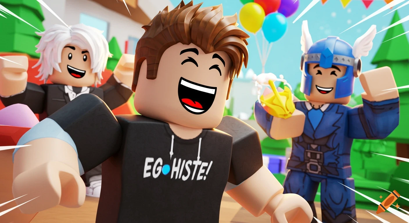 Three smiling Roblox avatars in an energetic scene, with balloons and a ...