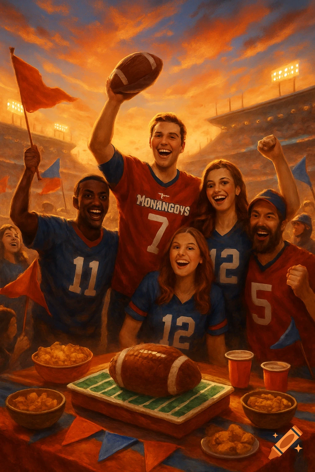 Smiling fans cheer at an American football game with stadium lights and ...