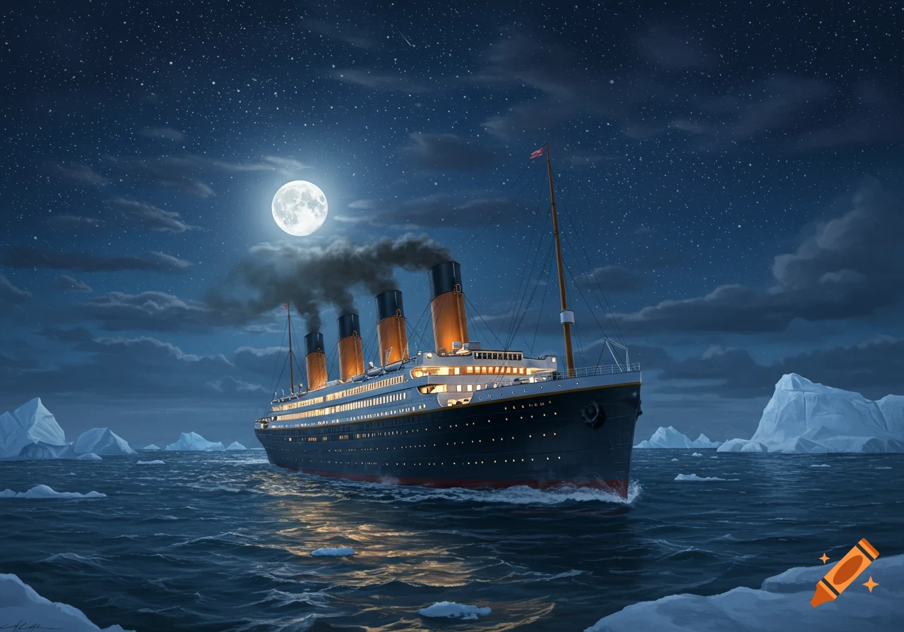 The Titanic ship sails through an icy ocean under a bright full moon ...