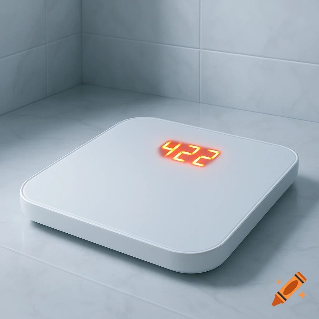 A white digital bathroom scale displays the number 422 on its red LED ...