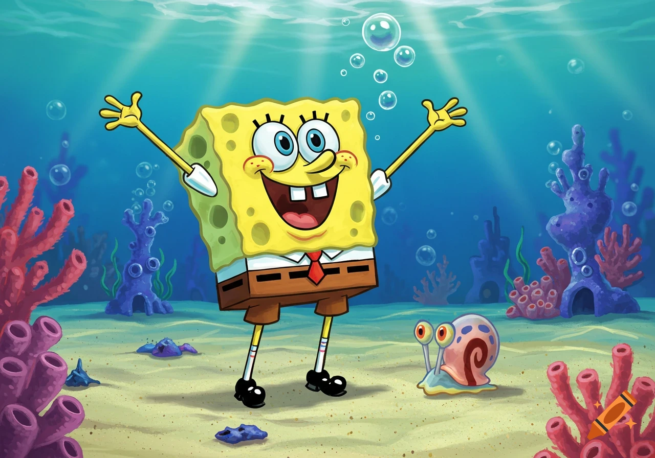 SpongeBob SquarePants stands arms wide open with Gary the snail on the ...