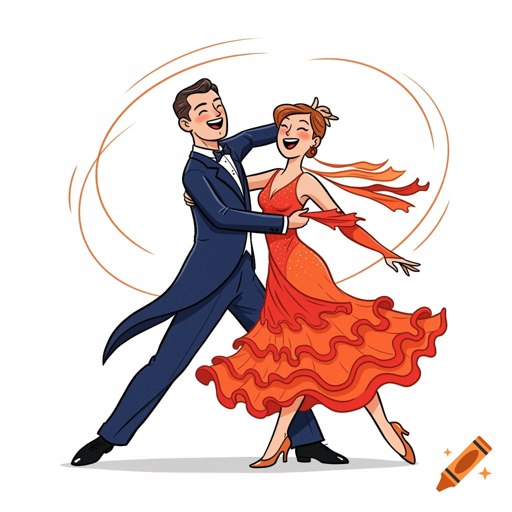 A cartoon illustration of a happy couple ballroom dancing. The man ...