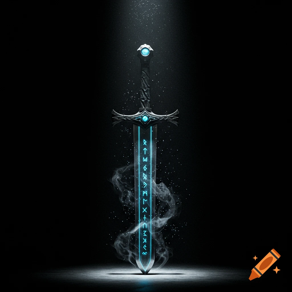 A glowing, multifaceted crystalline sword stands upright in a dark void ...