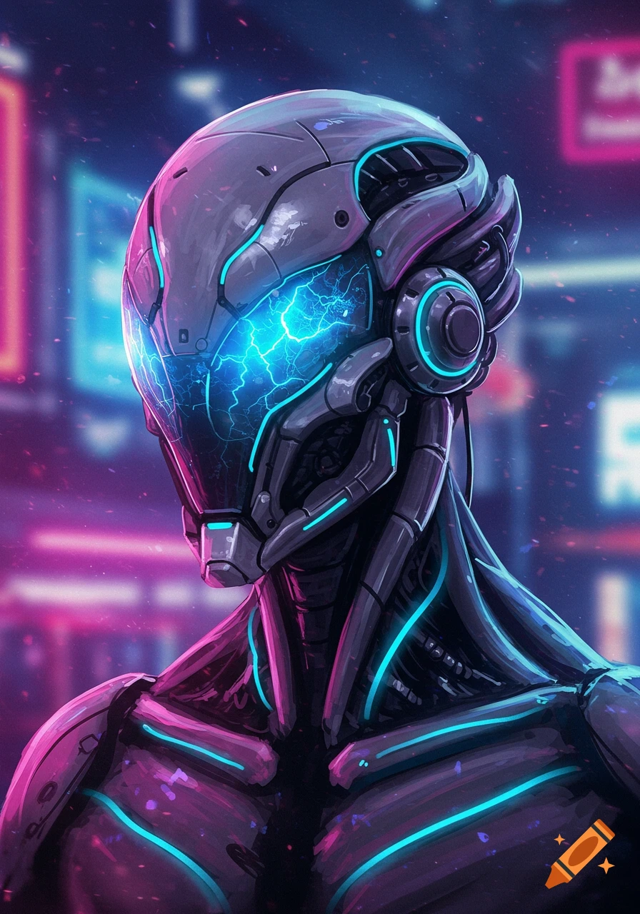 Close-up of a detailed, shiny chrome robot head with glowing blue eyes ...