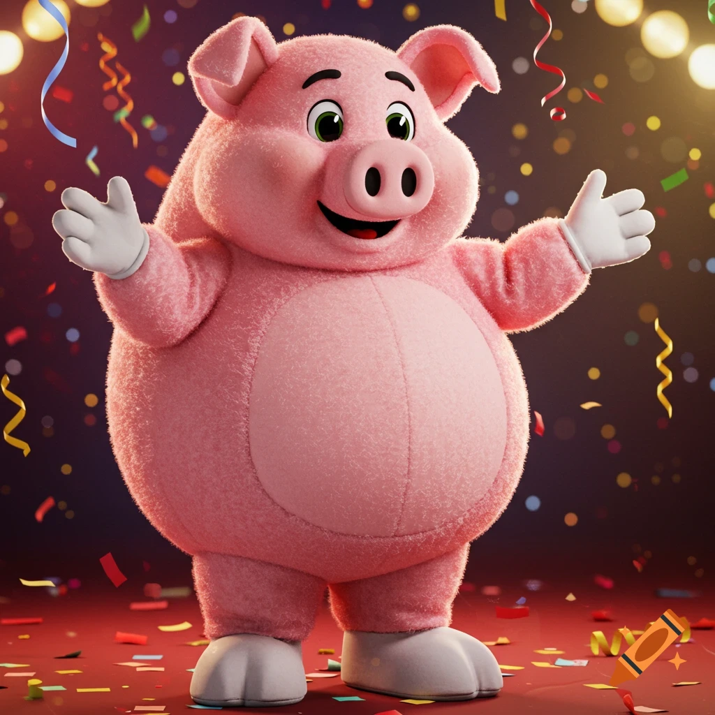 A fluffy pink pig mascot costume stands among colorful confetti and ...
