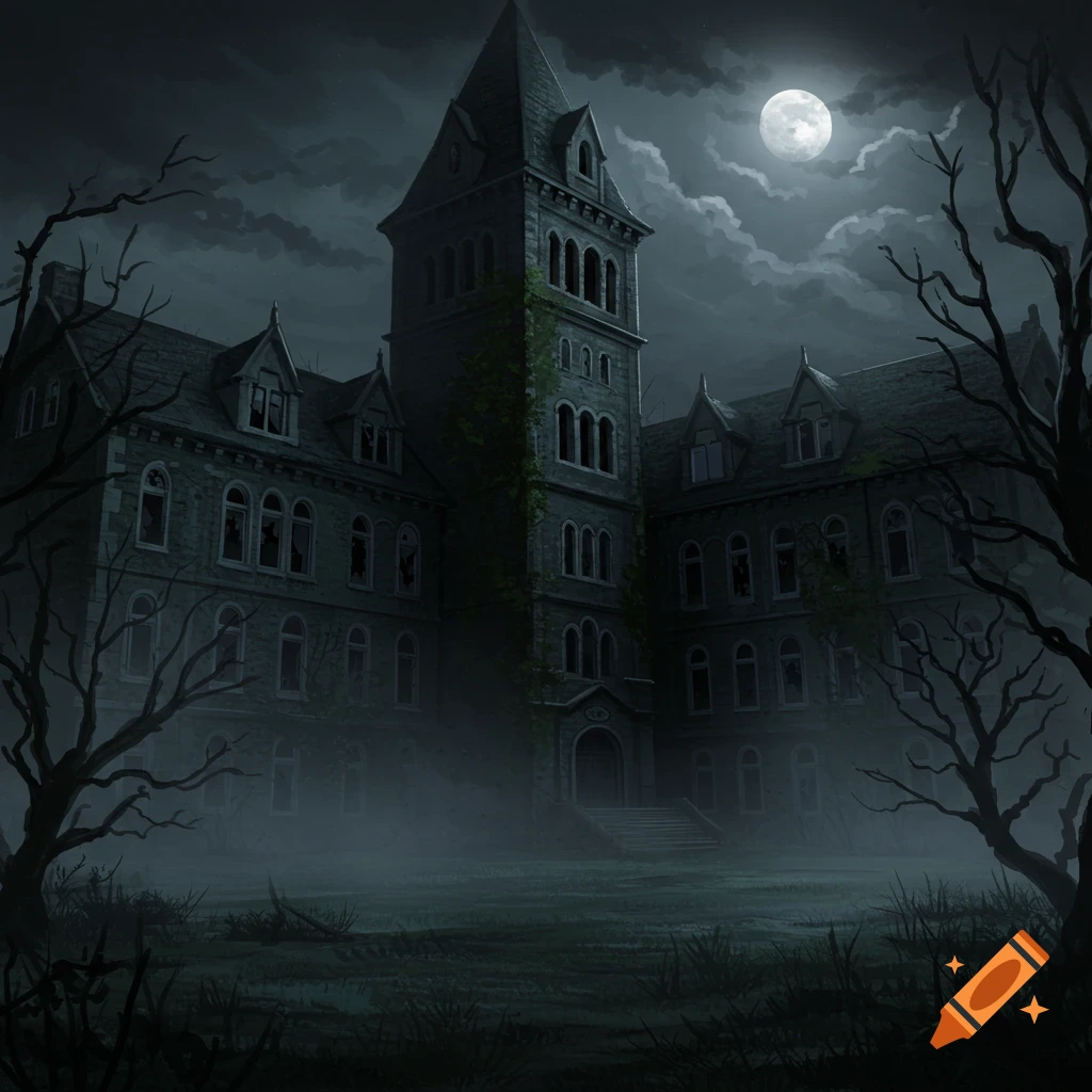 A creepy, dilapidated old school or asylum building under a full moon on a foggy night, with ...