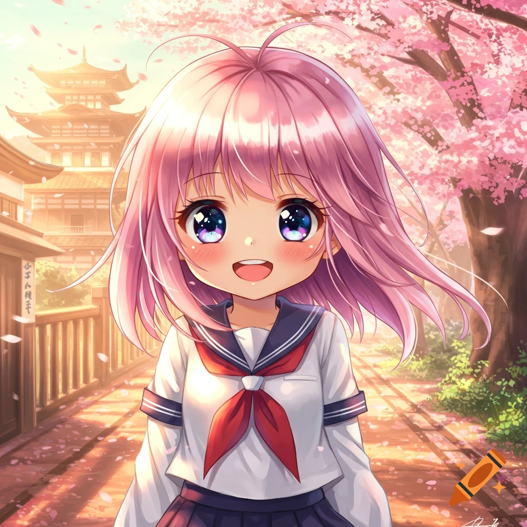 Smiling anime girl with pink pigtails in a school uniform, holding a ...