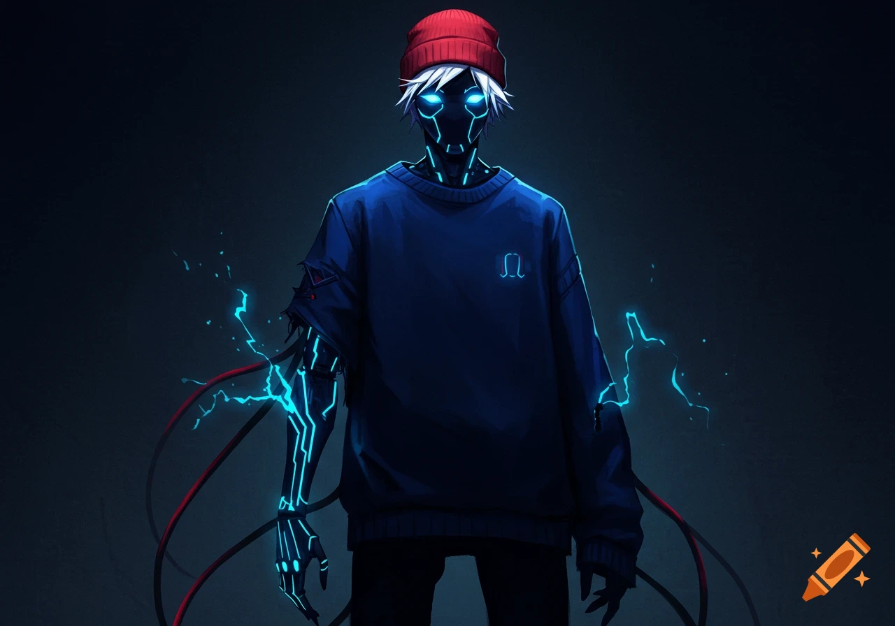 A stylized character with glowing blue circuitry, wearing a red beanie ...