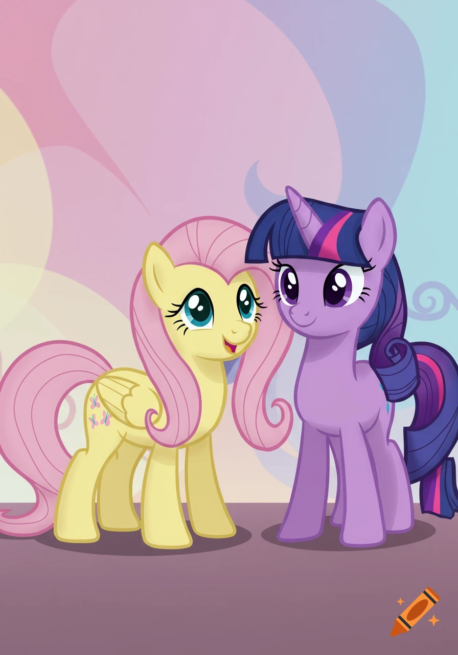 Two cartoon ponies, Fluttershy and Twilight Sparkle, stand side-by-side and smile in a pastel ...
