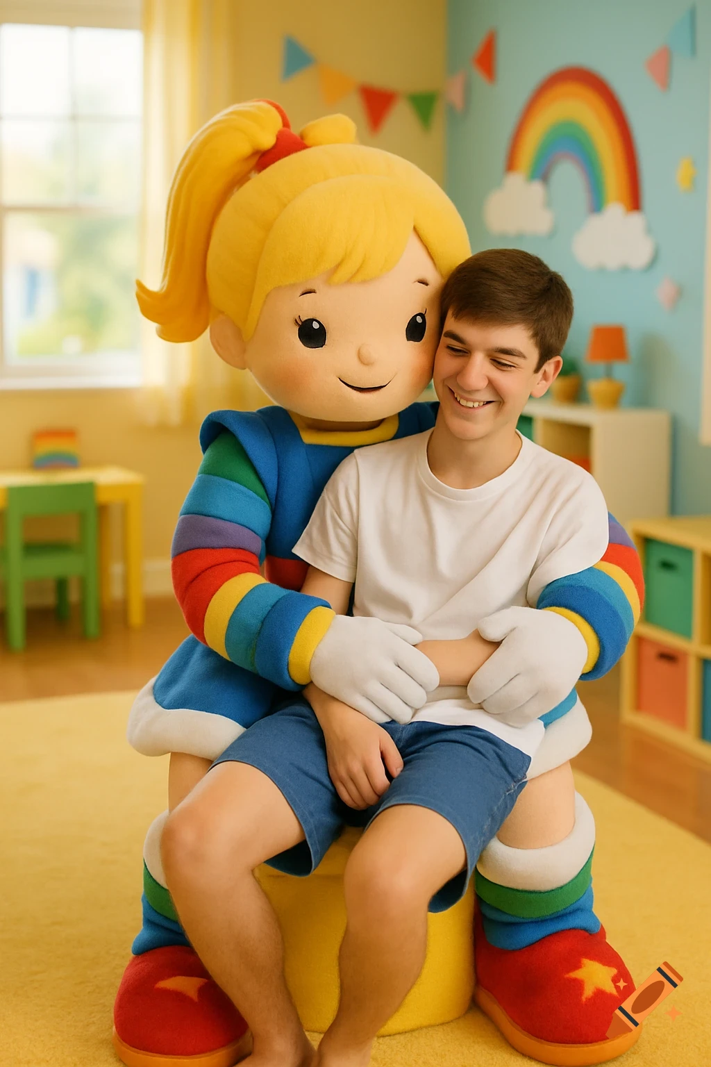 A young man sits on the lap of a large Rainbow Brite mascot costume ...