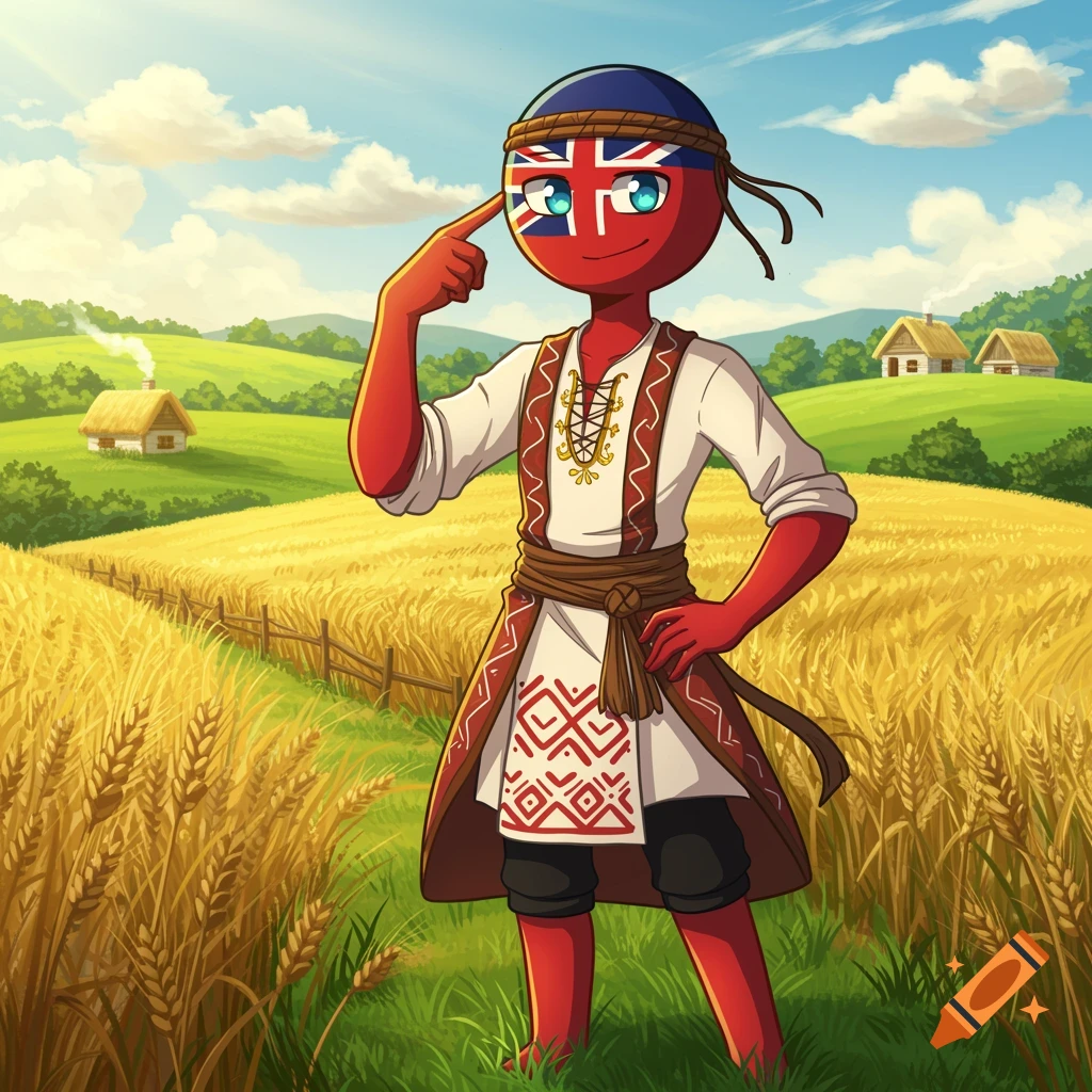 Anime-style character with a British flag face in peasant attire ...