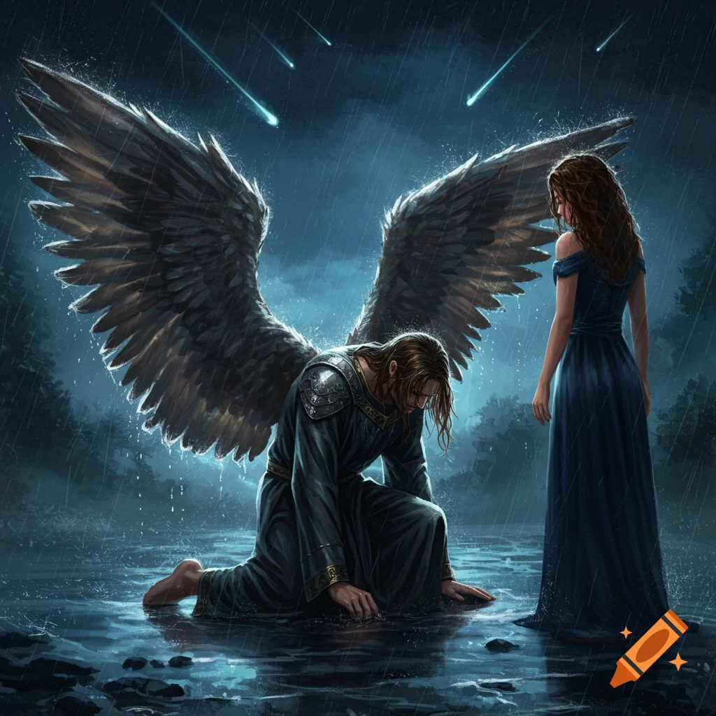 A dark, monochromatic image of a crouched, long-haired figure with ...