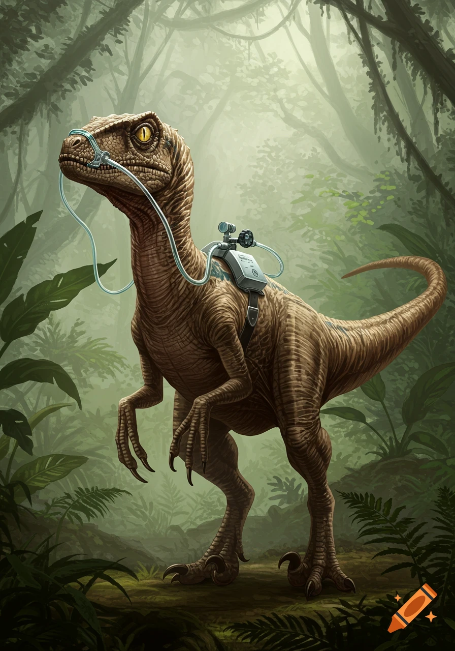 A raptor dinosaur with an oxygen tank and nasal cannula stands in a ...