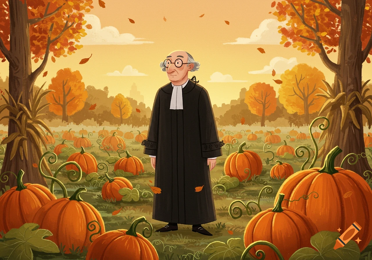 A male judge with glasses and a black robe stands in a field of orange ...