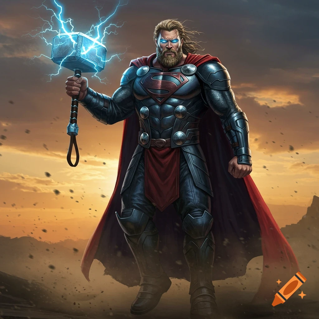 Thor in his armor with a red cape stands in a grand, ornate hall ...