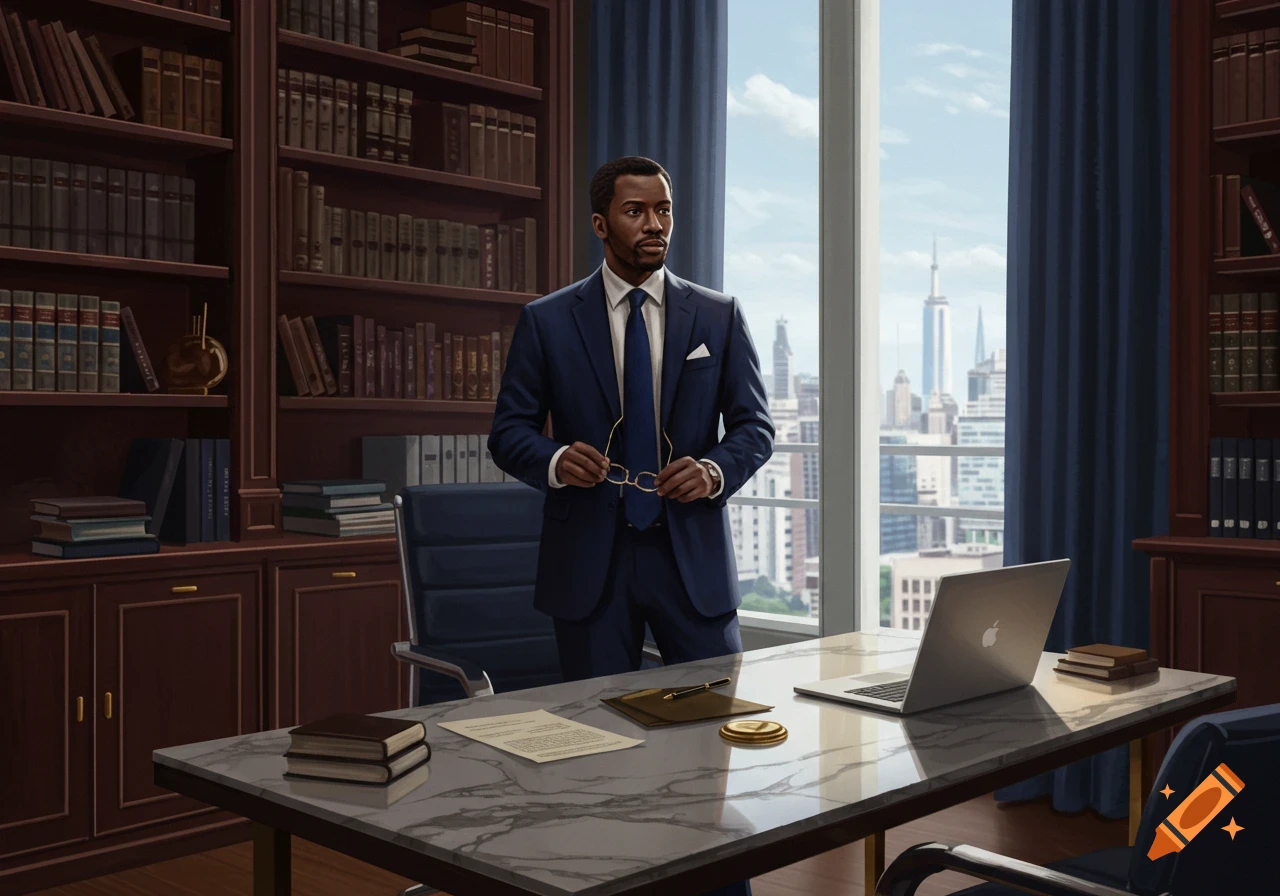 A man in a dark suit stands in a luxurious office with bookshelves and ...