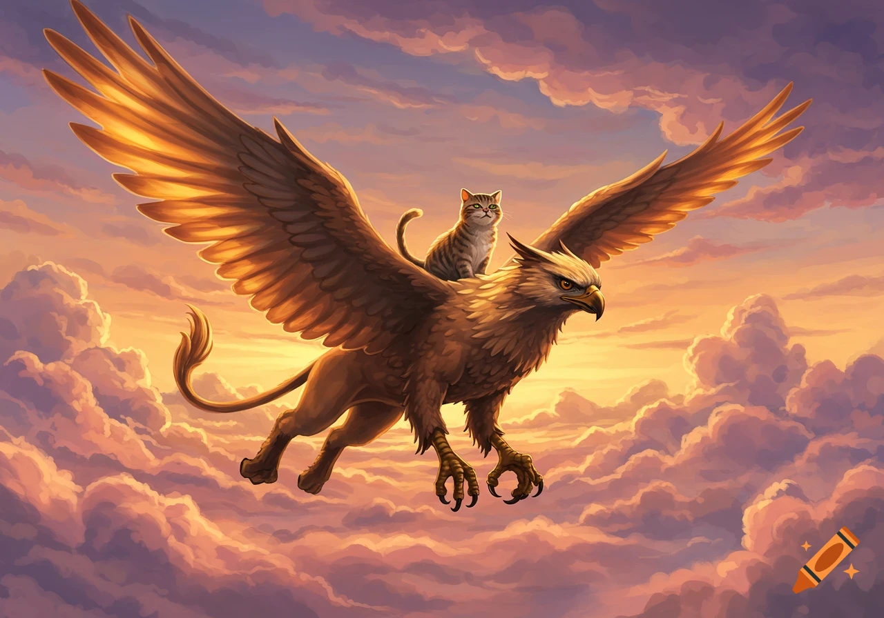 A striped tabby cat sits on the back of a large brown griffon, flying ...