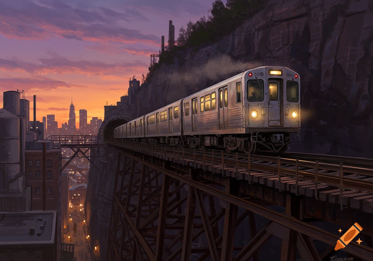 An illustrated view of an old silver metro train emerging from a tunnel ...