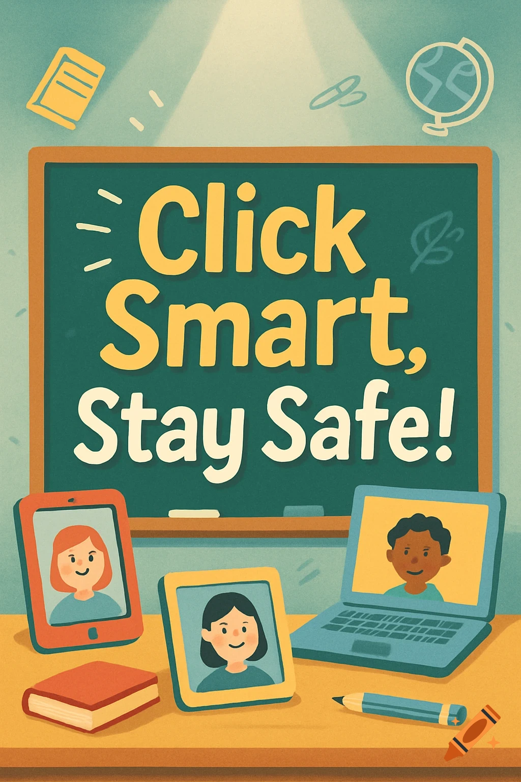 A cartoon poster featuring a blackboard with 'Click Smart, Stay Safe ...