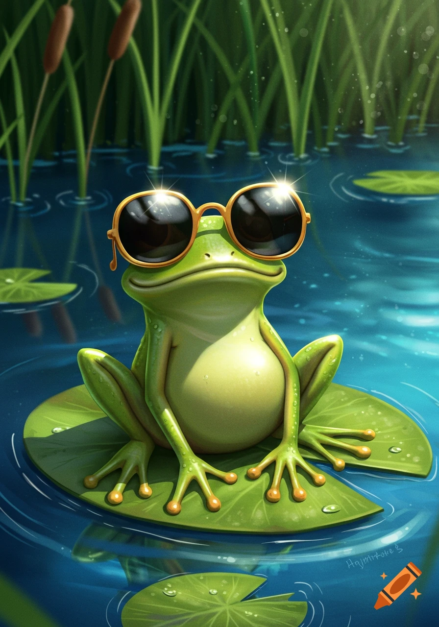 A vibrant, whimsical cartoon frog in red sunglasses stands on a ...
