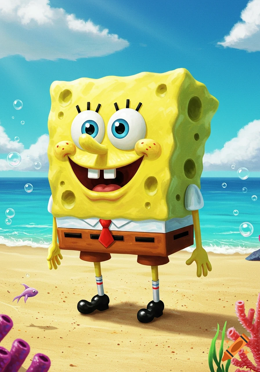 Photorealistic 3D render of a rugged, dirty SpongeBob SquarePants with ...