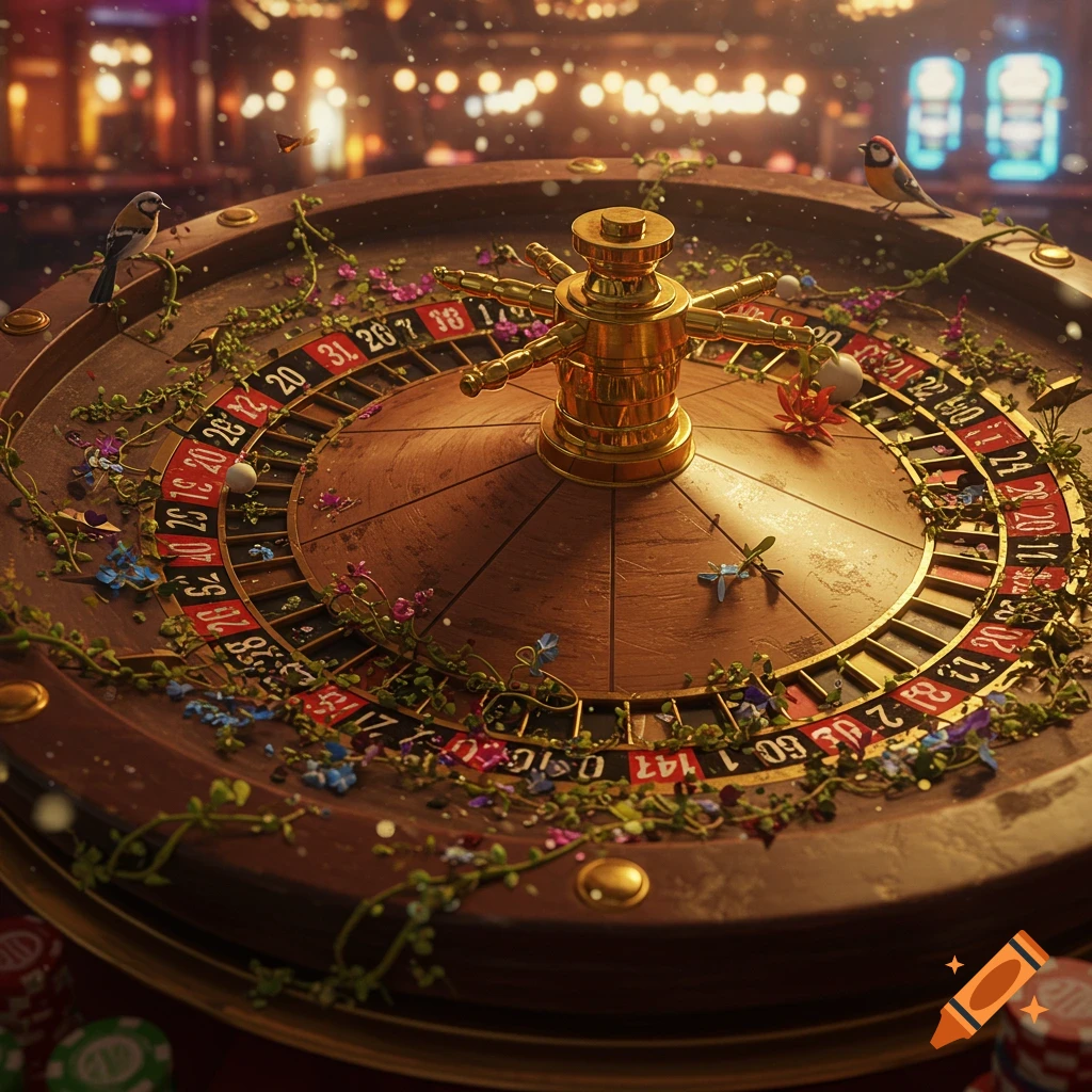 A roulette wheel, dice, and hourglass float in a dark room with shadowy ...