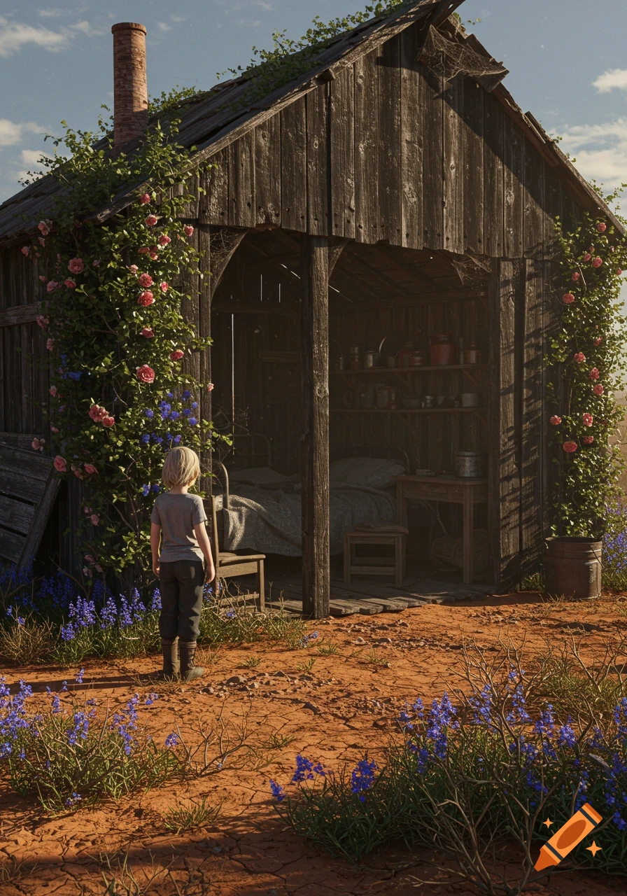 A child stands facing a rustic, overgrown wooden hut with a bed and ...