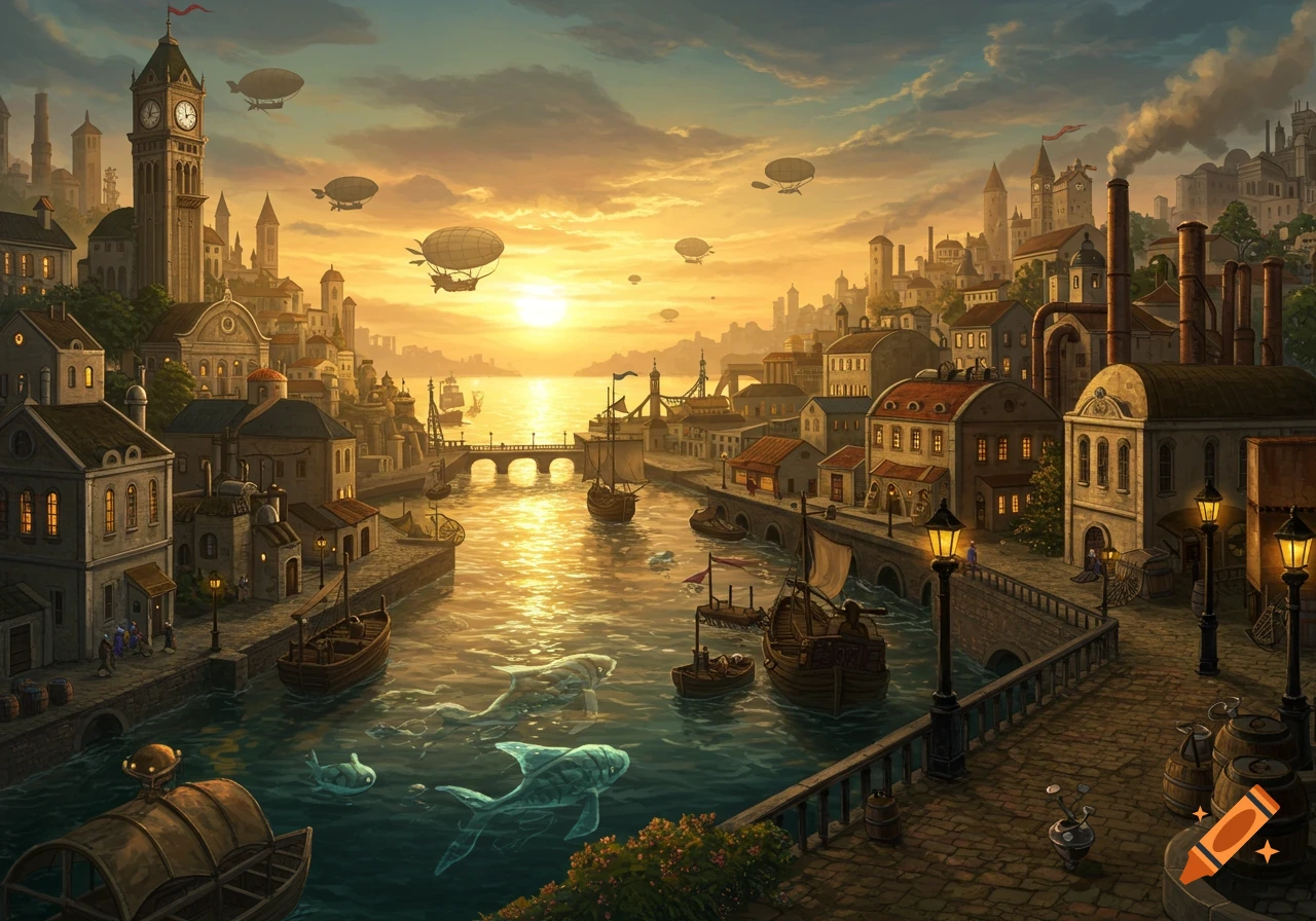 A vibrant steampunk cityscape at sunset, featuring a river with boats ...