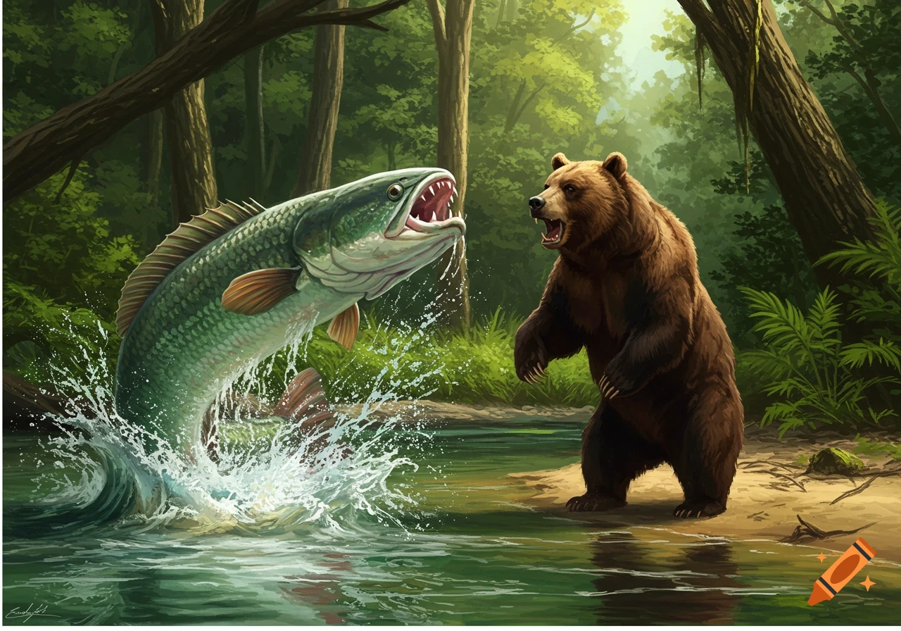 A large, green fish with sharp teeth leaps from a river, splashing ...