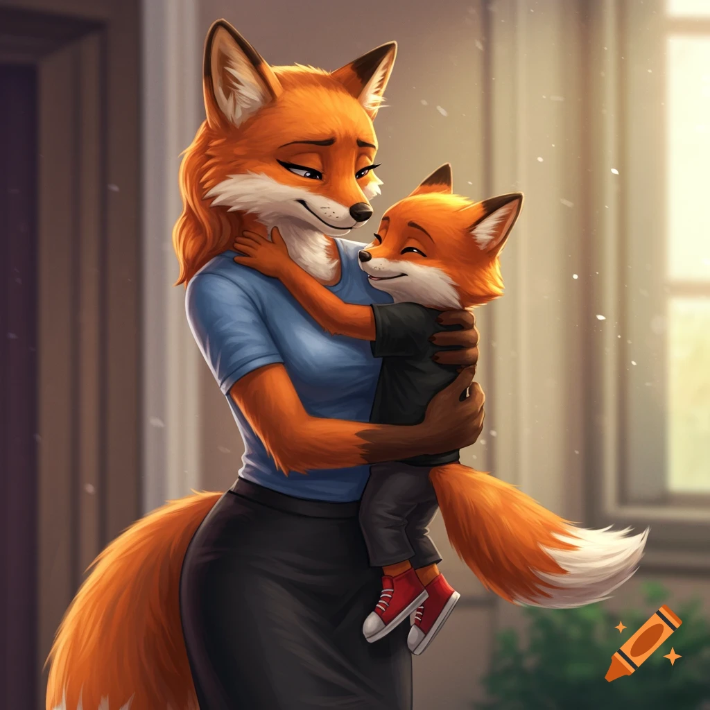 An anthropomorphic fox mother in a blue shirt and black skirt holds her ...