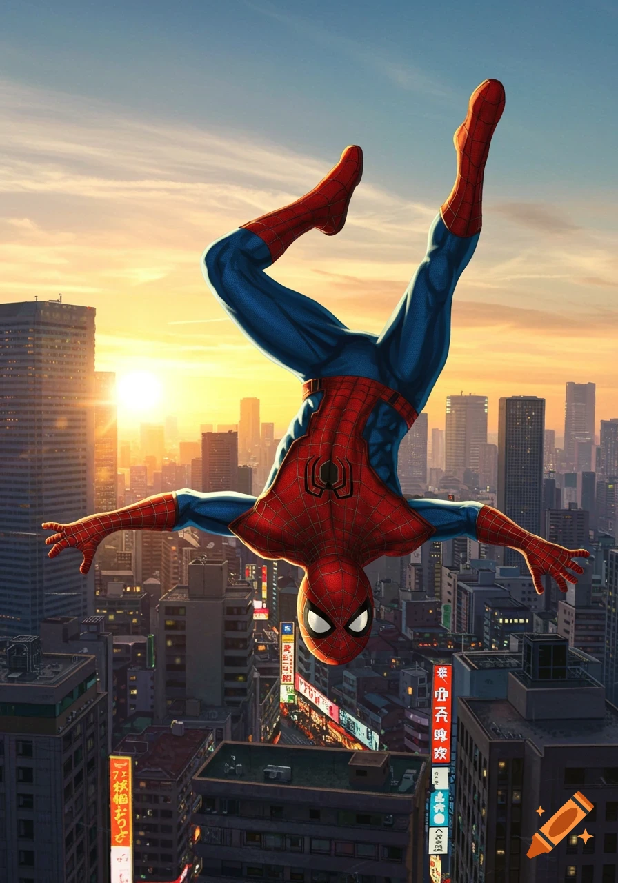 Spider-Man hangs upside down over a city at sunset, with illuminated ...