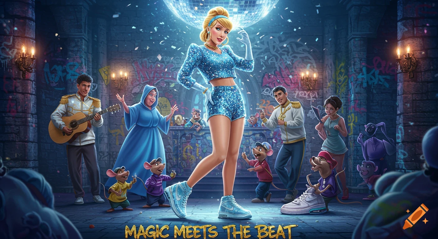 Cinderella in a sparkly blue hip-hop outfit with characters like Prince ...