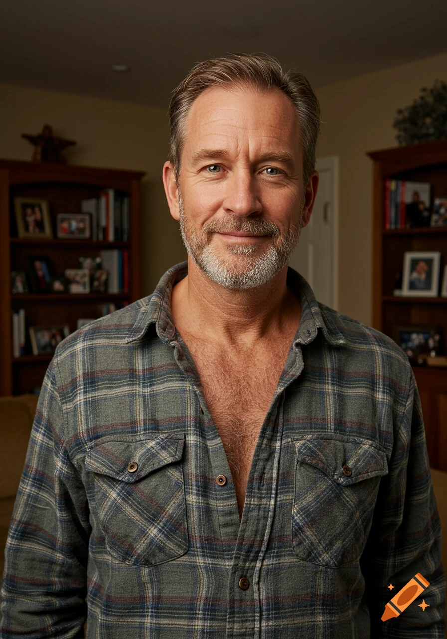 A middle-aged man with a beard and a plaid shirt, unbuttoned to show ...