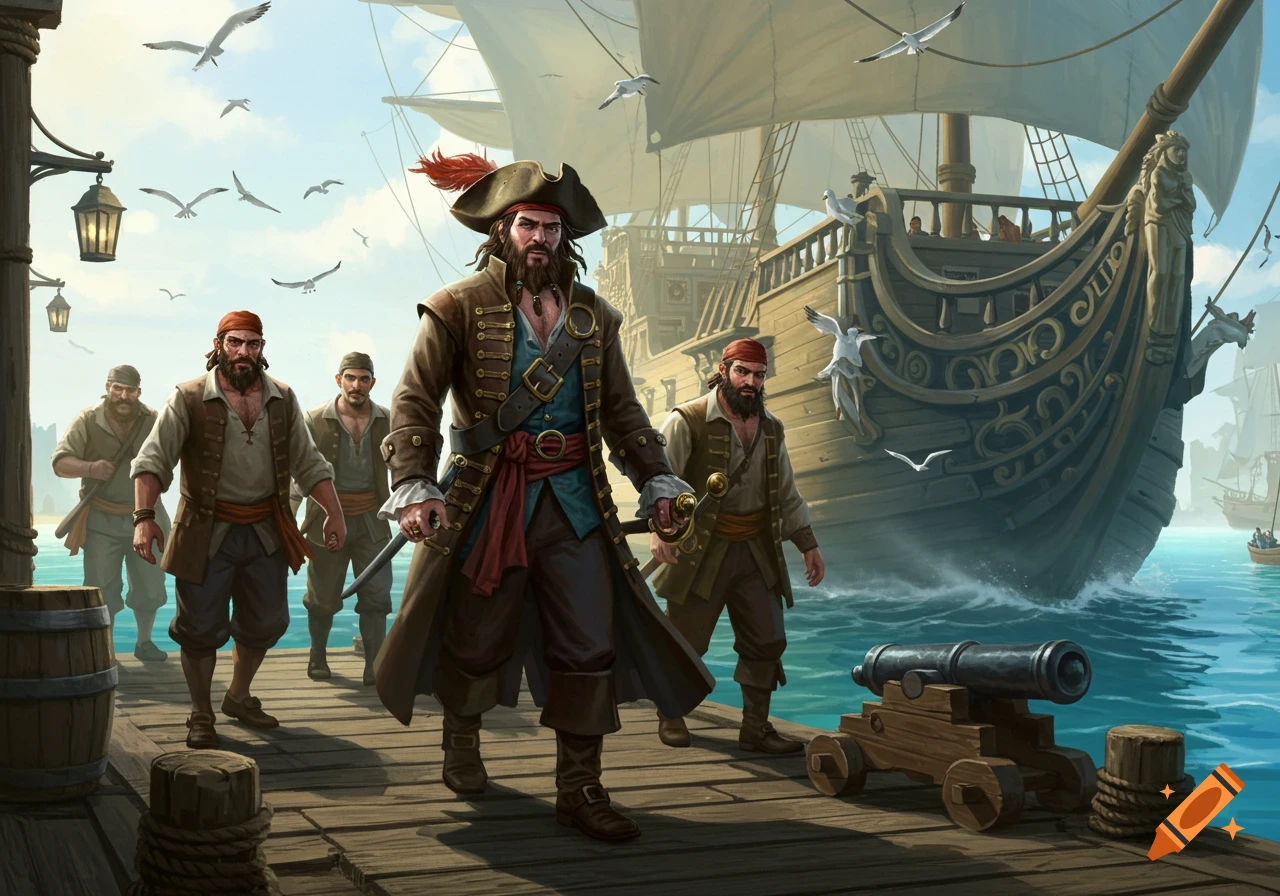 A grimacing pirate points at an 'SAP' computer on his ship, while a ...