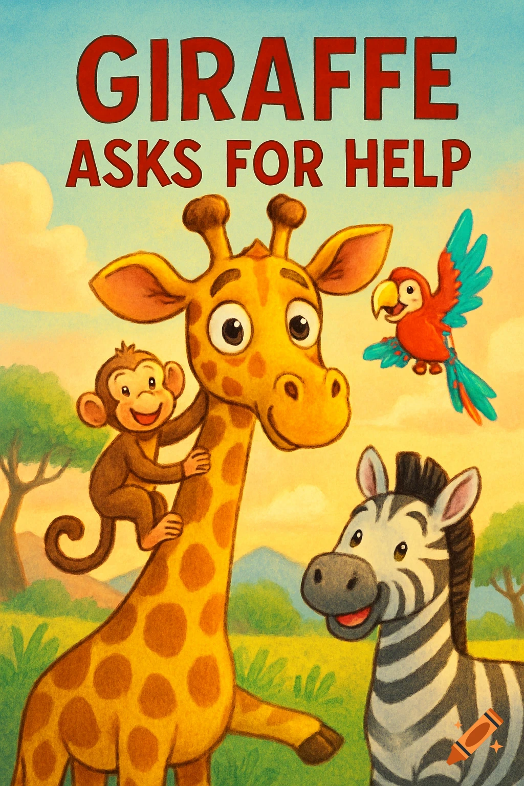 A cartoon book cover titled 'GIRAFFE ASKS FOR HELP' featuring a giraffe ...