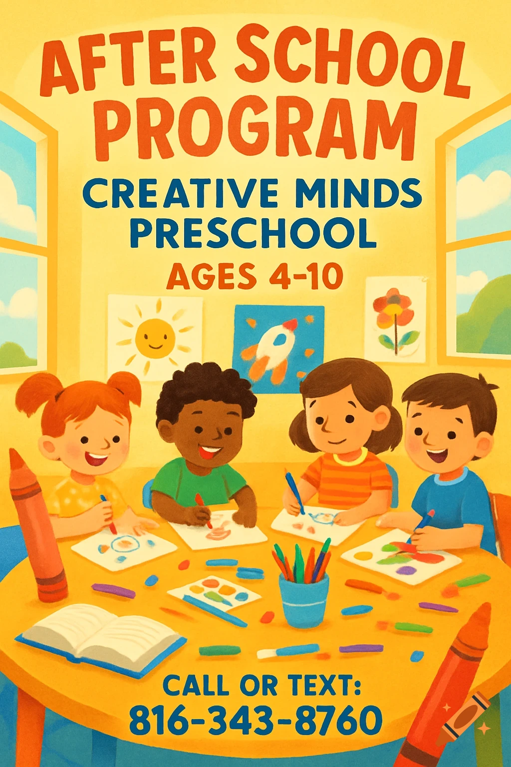 An illustration of four diverse children drawing and coloring at a ...