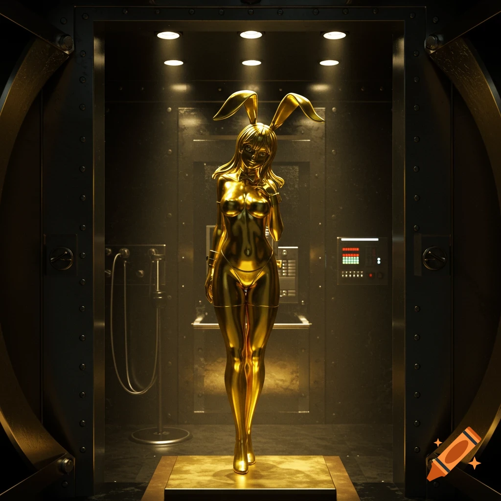 A shiny gold statue of a woman with bunny ears standing on a pedestal ...