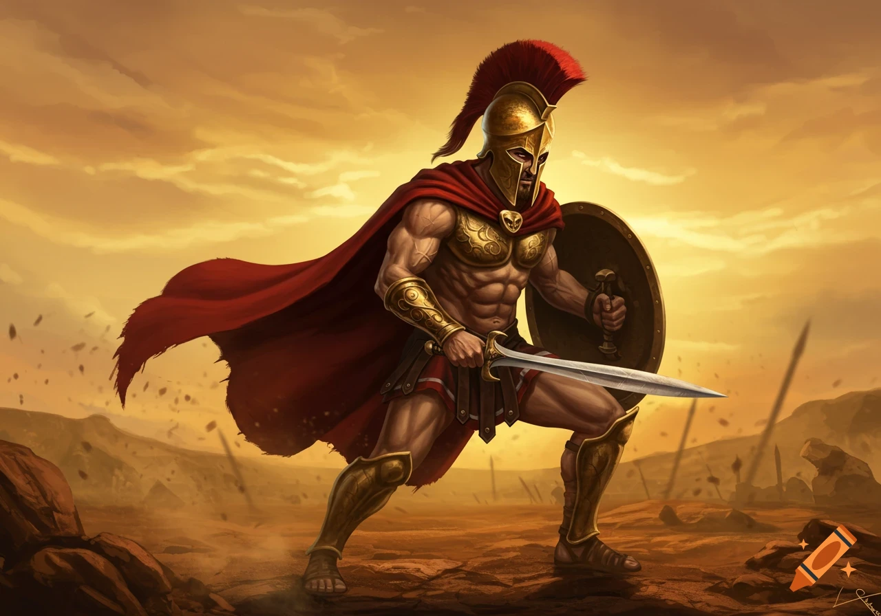 A muscular Spartan warrior in golden armor and red cape holds a sword ...