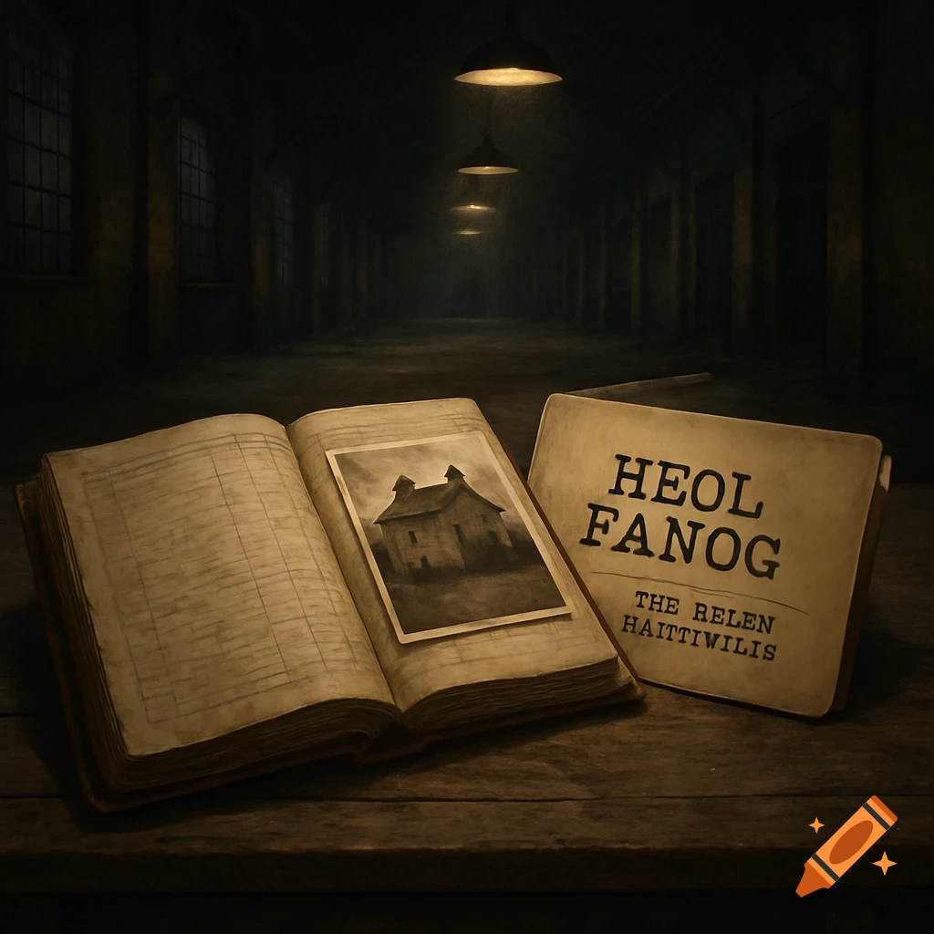 An open, old ledger and a file on a dusty wooden table in a dimly lit ...