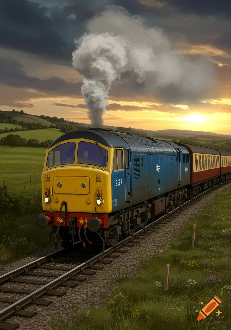 A photorealistic image of a red, yellow, and blue diesel locomotive ...