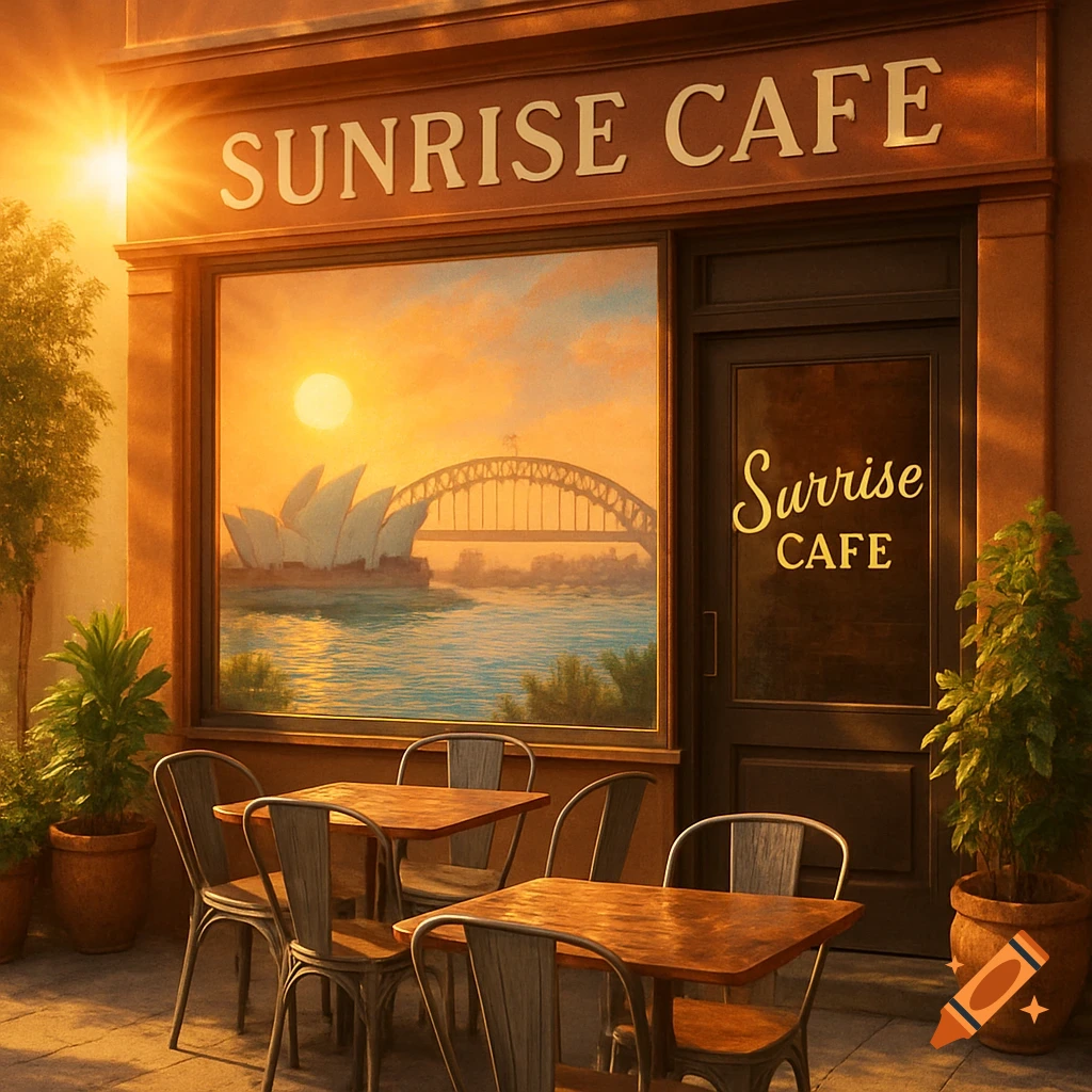 Cafe storefront at sunrise with outdoor seating and a window view of ...