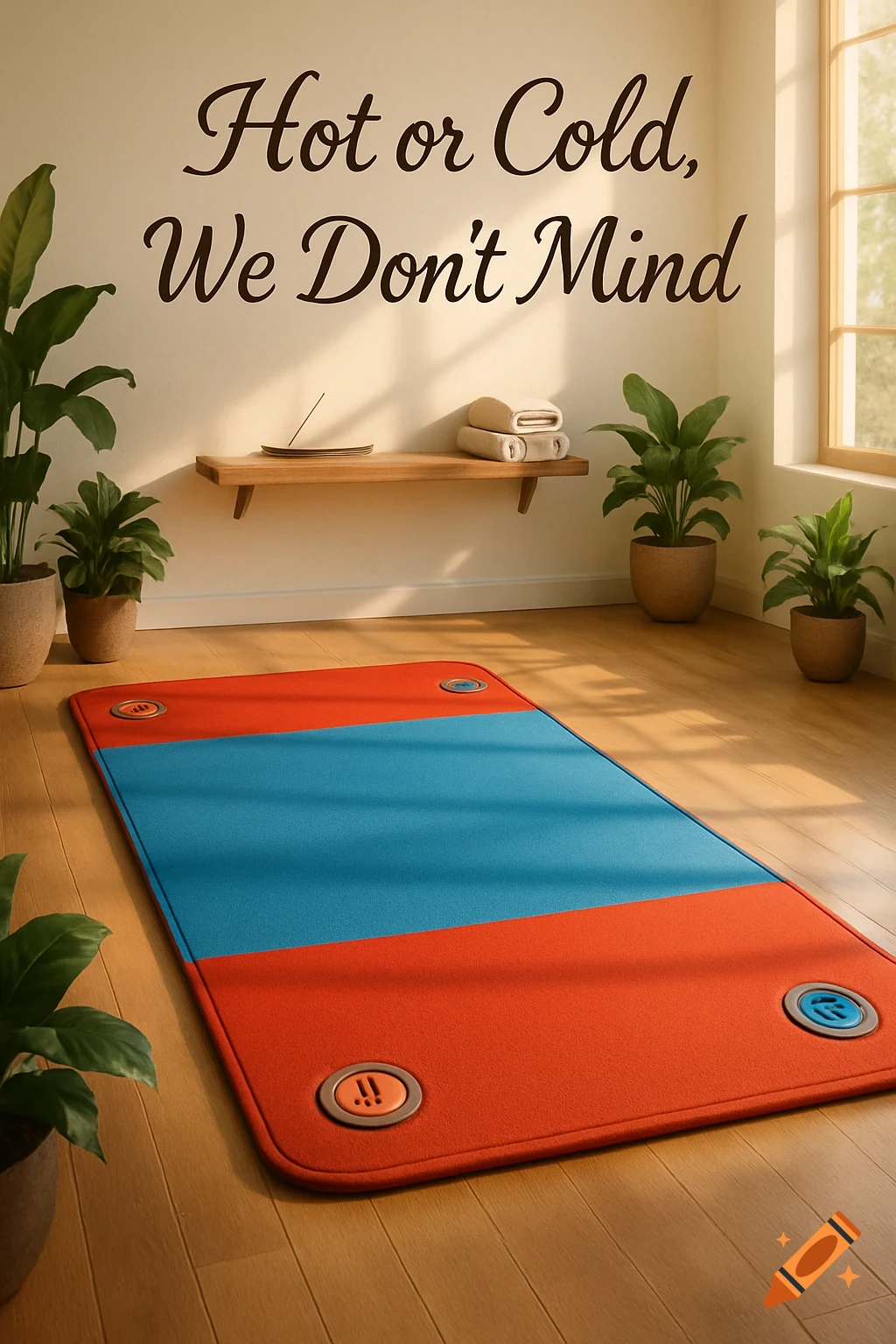 A red and blue striped yoga mat in a bright room with plants. Text on ...