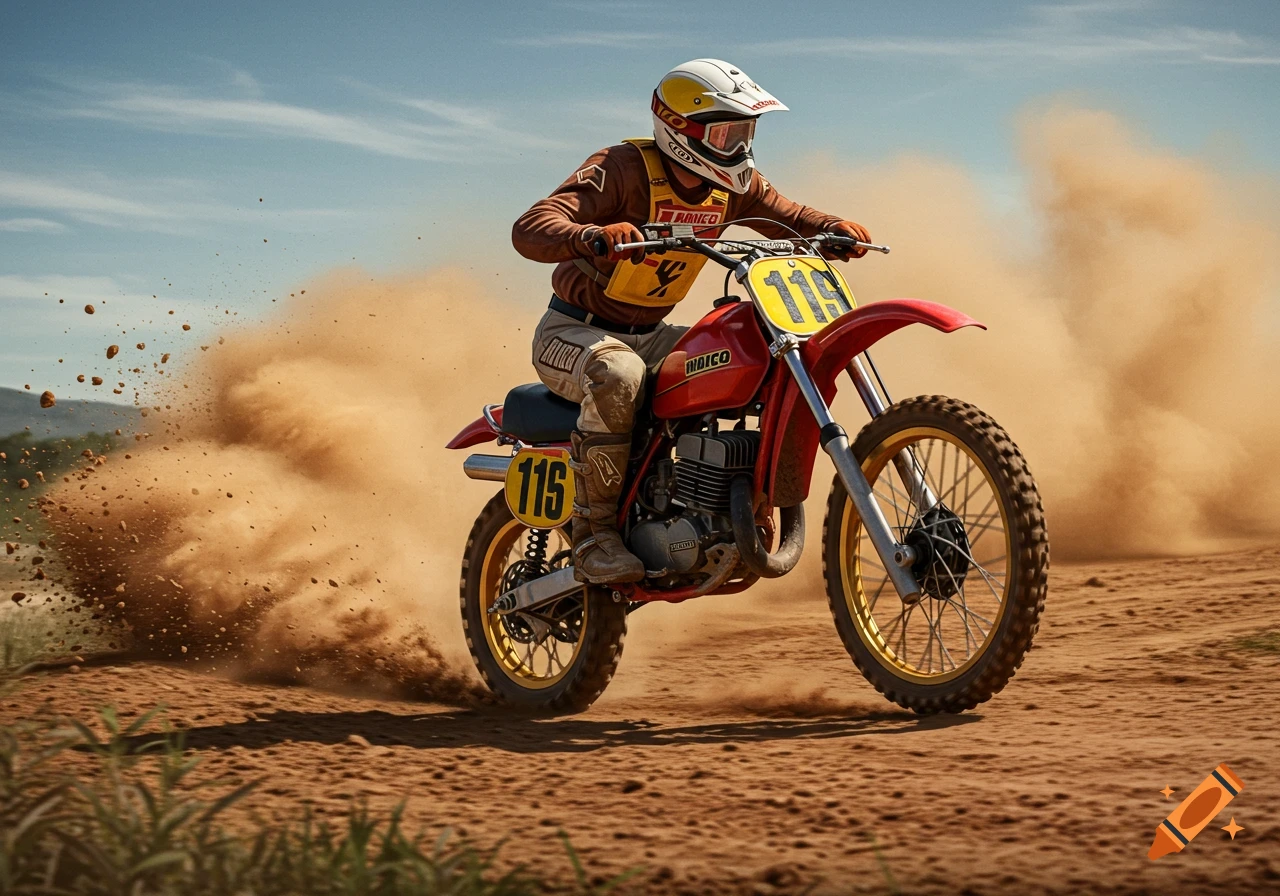 Motocross racer on a red dirt bike kicking up a large dust cloud on a ...