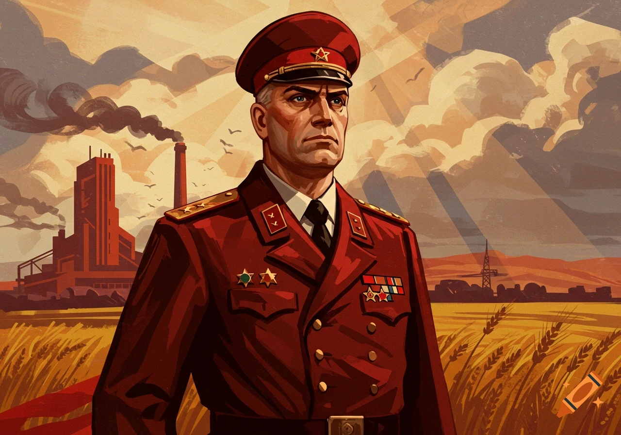 A Soviet soldier stands over a Nazi flag, with Soviet flags and tanks ...