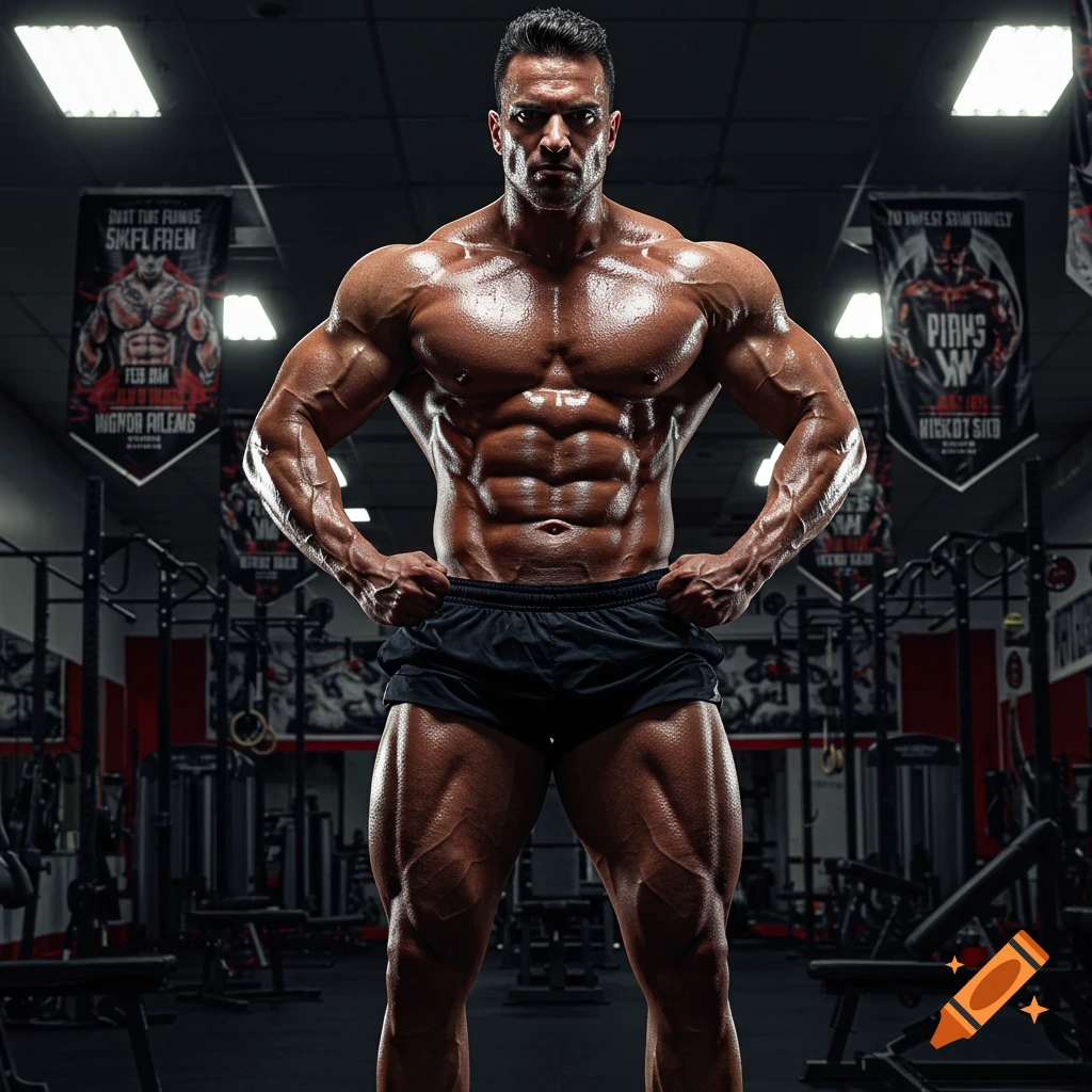A muscular bodybuilder in posing trunks poses in a dimly lit gym filled ...