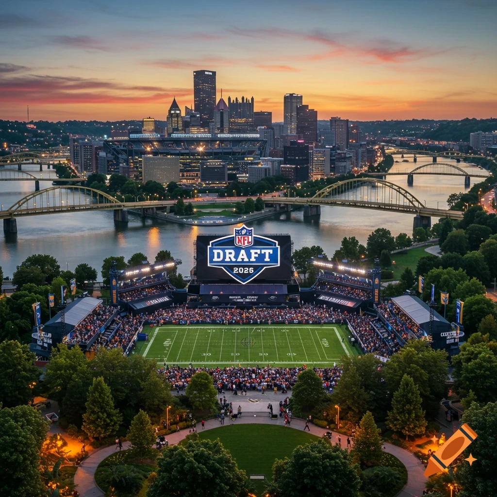 Aerial view of a football stadium and Pittsburgh skyline at dusk with ...