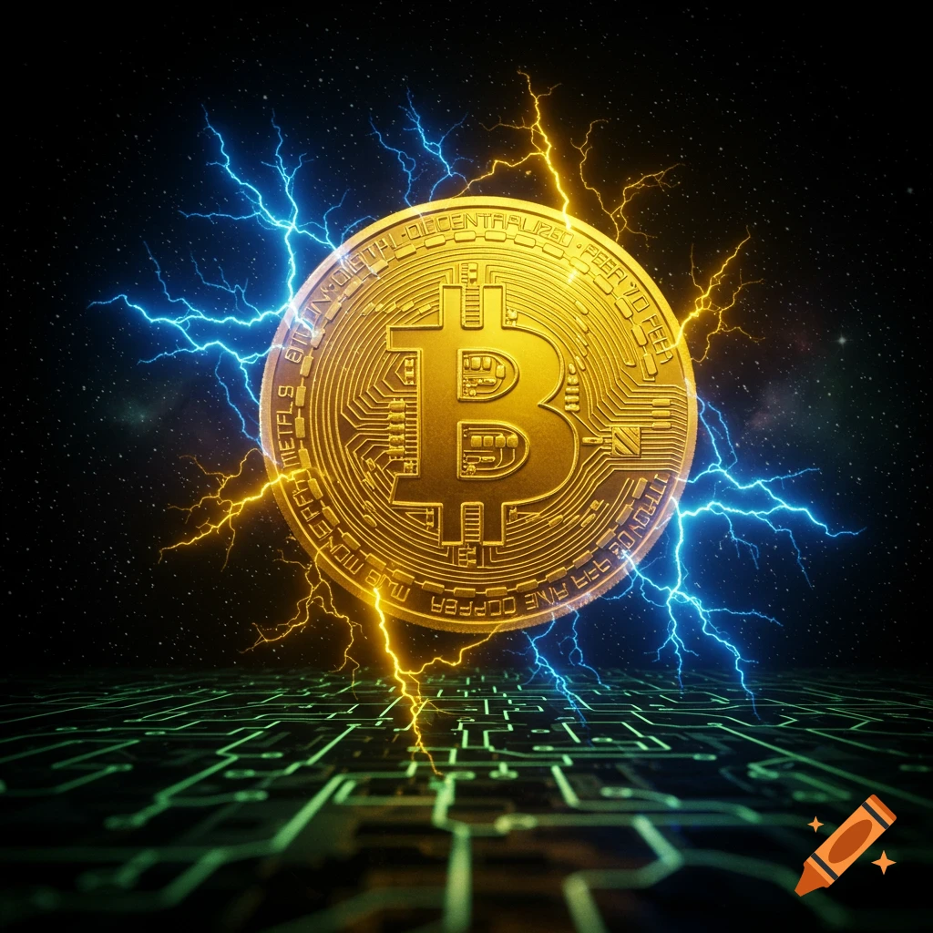 A glowing golden Bitcoin coin with a circuit board pattern in the background and blue and yellow ...