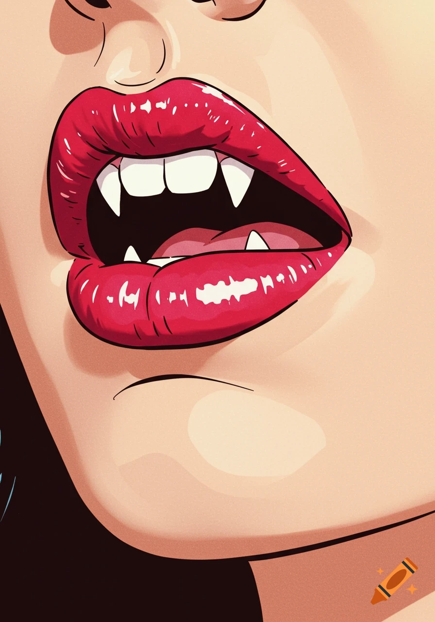A close-up illustration of a woman's mouth with red lipstick and sharp ...