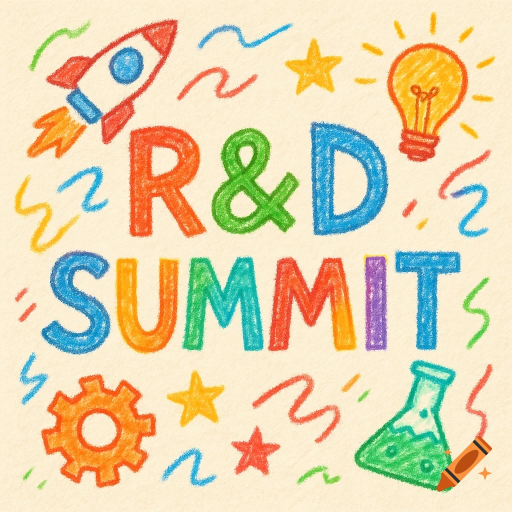Colorful crayon-style logo for 'R&D SUMMIT' with a rocket, lightbulb ...